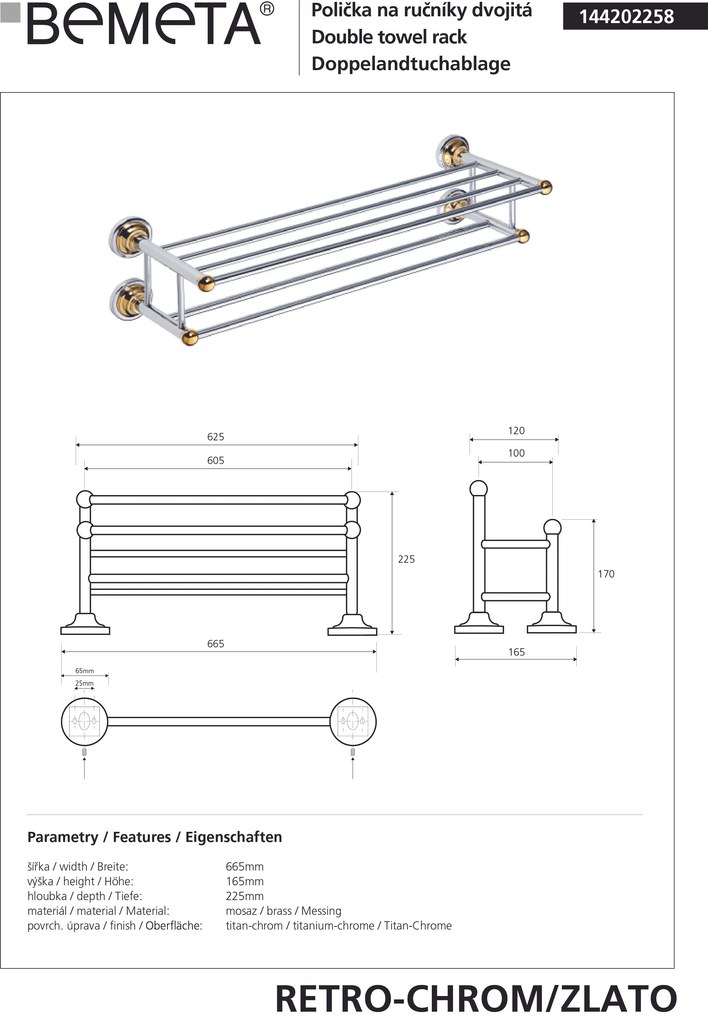 Bemeta Design RETRO gold-chrom: Držák ručníků dvojitý s hrazdou, 605 mm -