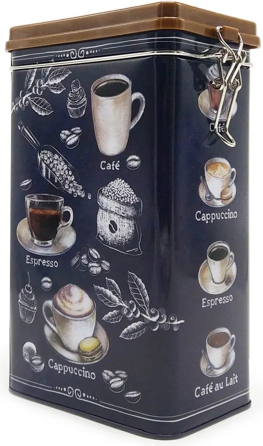 Plechová dóza Barista, 500 g – černá, lesklý povrch, s patentním uzávěrem, s kávovým motivem, na kávu, bylinky, těstoviny a drobnosti
