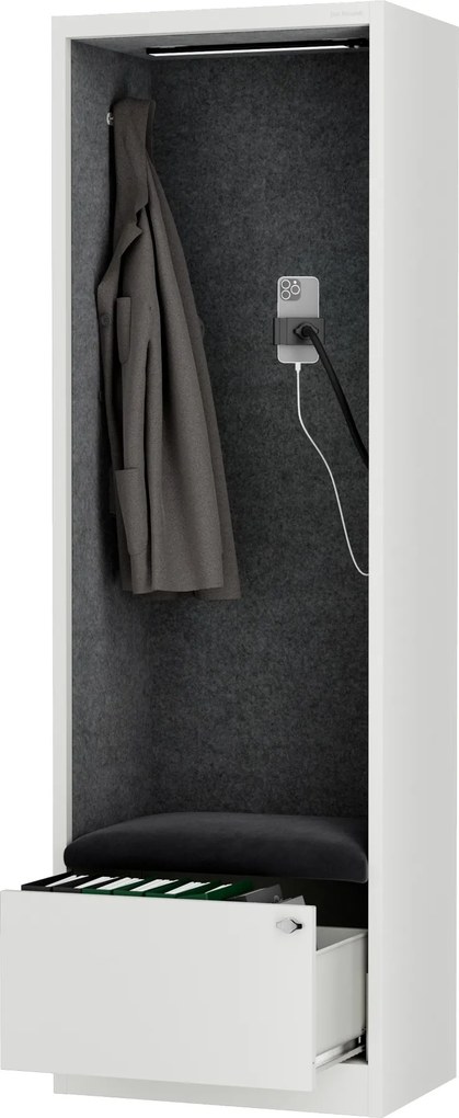 Kancelářská akustická kabina se sedátkem a USB-C portem, korpus bílý / sedák tmavě šedá, 600 mm: SALLY MentalBox