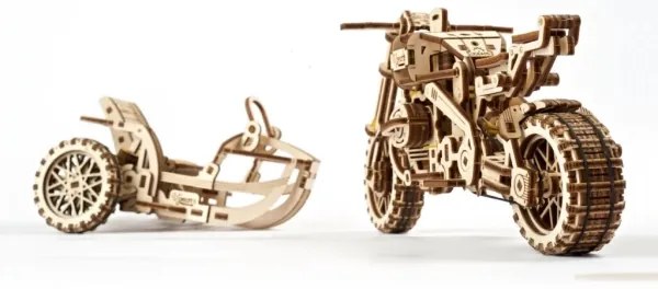 Ugears - 3D dřevěné mechanické puzzle Motorka scrambler s vozíkem