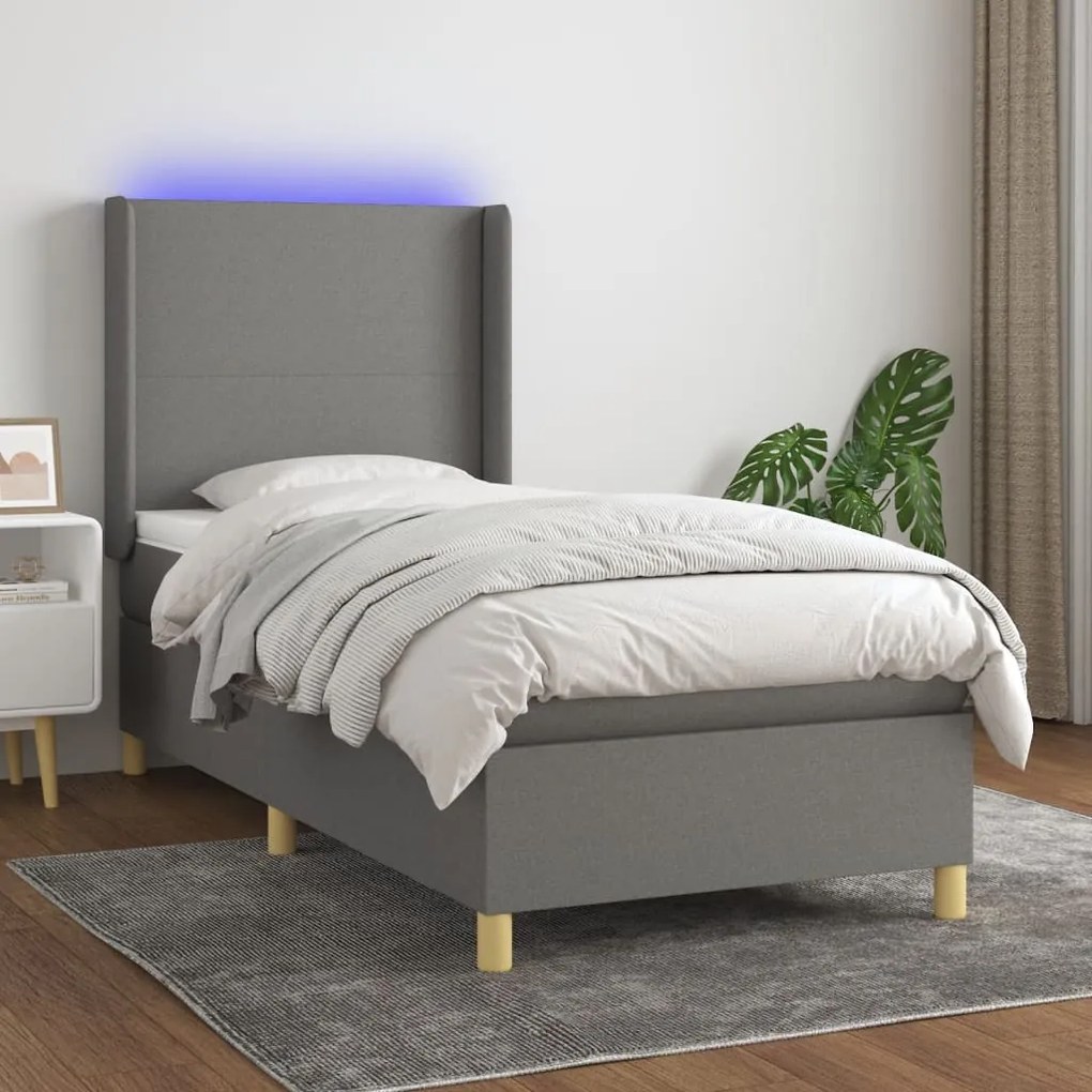 Box spring postel s matrací a LED tmavě šedá 100x200 cm textil