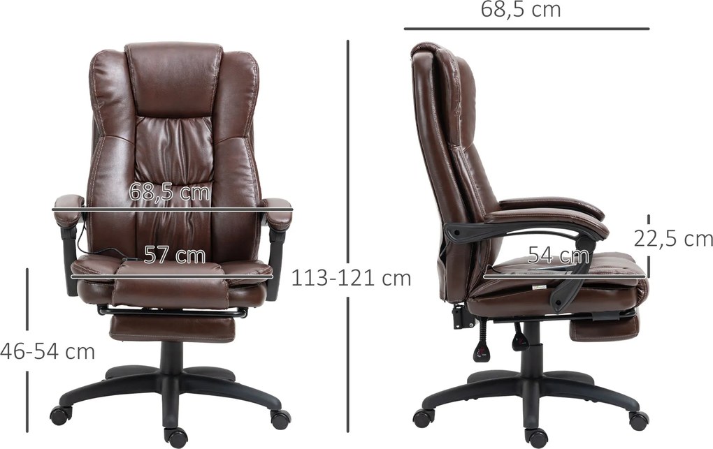 Kožená kancelářská židle Vinsetto s masážní funkcí a funkcí polohování, ergonomická kancelářská židle s podnožkou v hnědé barvě | Aosom.de