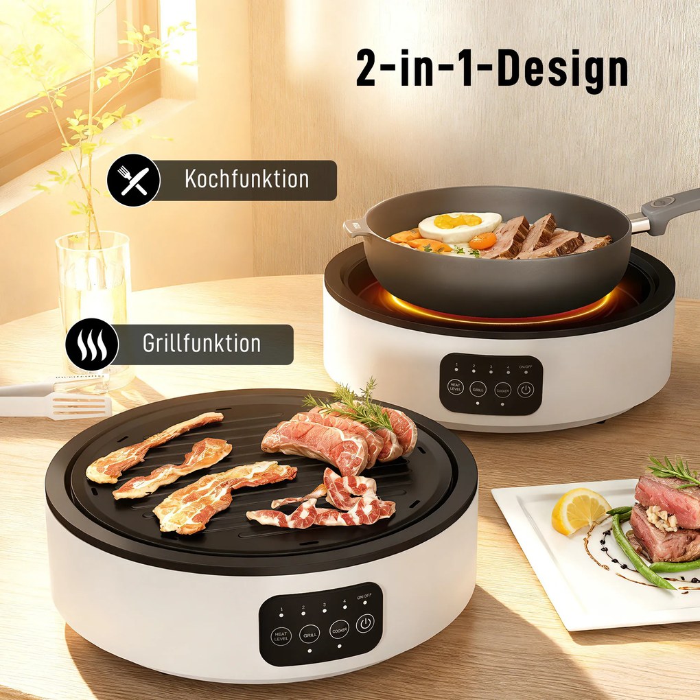 HOMCOM Dvojité keramické vařidlo, design 2 v 1, pro vaření a grilování, 2000 W, 4 stupně tepla, LED displej, odkapávací miska, bílá