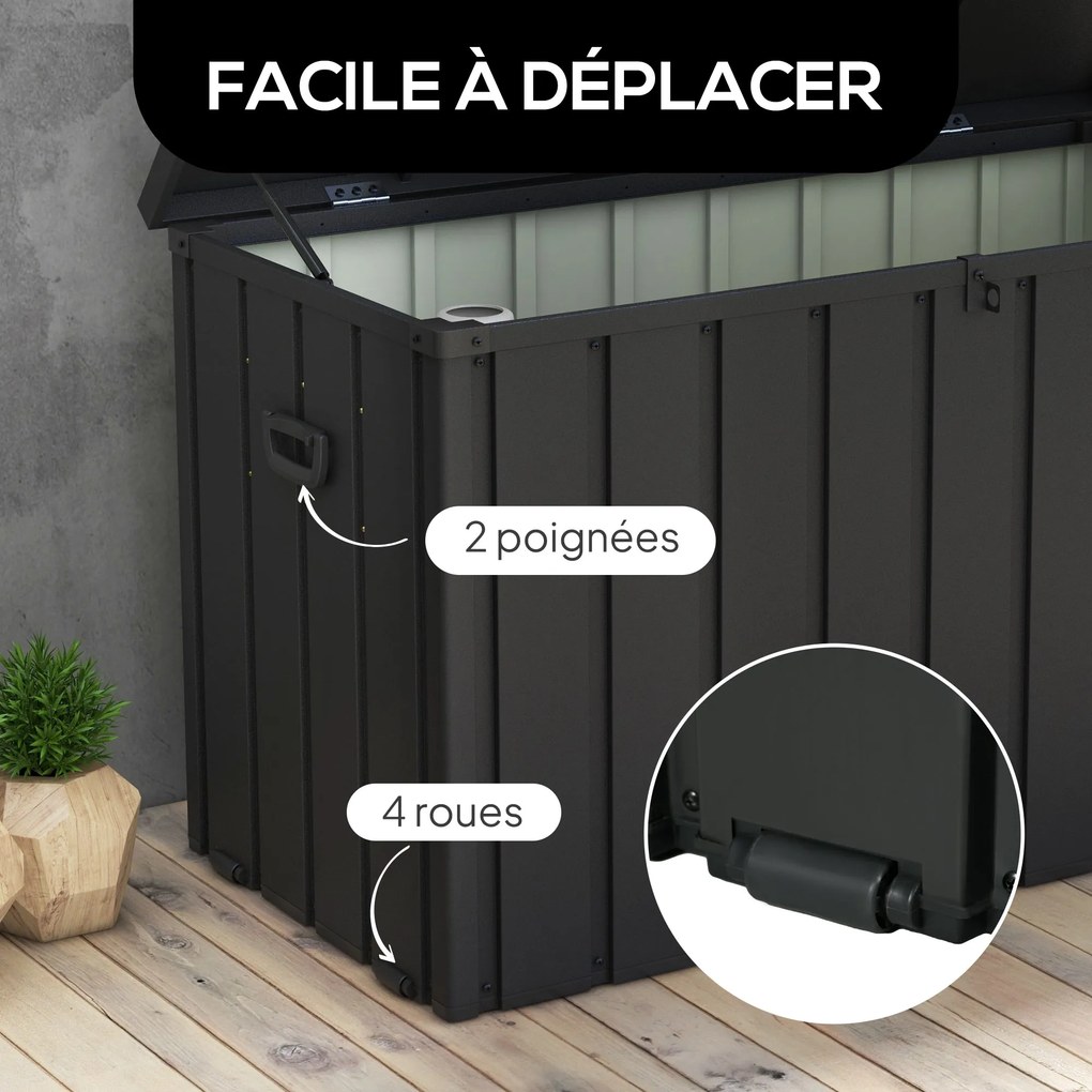 Zahradní úložný truhlicový box Outsunny, kapacita 450L, kov s plynovým pístem, kolečky a rukojetí - rozměry 125,5L x 61,5W x 70H cm