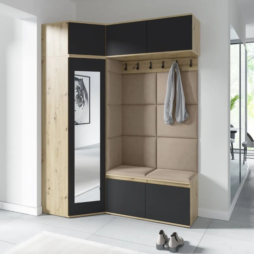Eka Předsíňová stěna s čalouněnými panely Trinity 38 - Dub Artisan s černou / Světlá béžová 2303