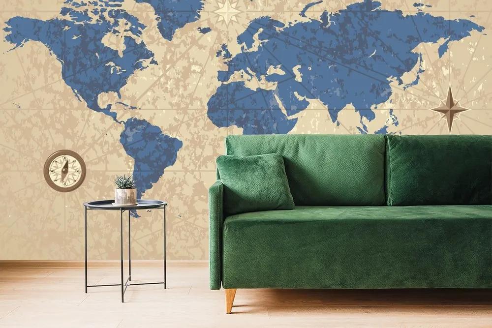 Samolepící tapeta mapa světa s kompasem v retro stylu - 300x200 cm