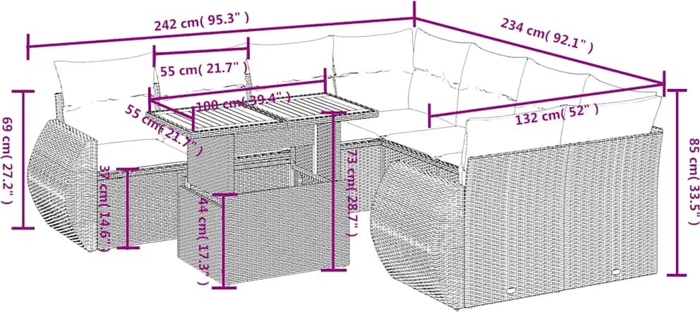 9dílná zahradní sedací souprava s poduškami černá polyratan 3272119