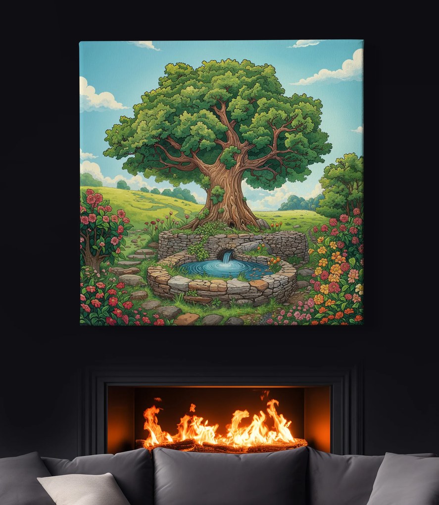 Obraz na plátně - Strom života Kamenná studánka FeelHappy.cz Velikost obrazu: 140 x 140 cm