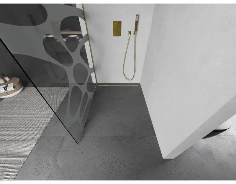Mexen Kioto, sprchová zástěna Walk-In 140 x 200 cm, 8mm čiré sklo bílý vzor, zlatý matný profil, 800-140-101-55-97