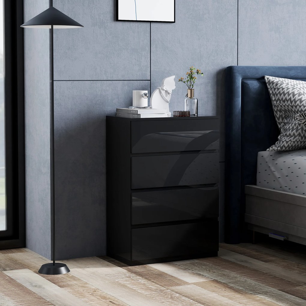 HOMCOM Moderní komoda se 4 šuplíky, design proti převrhnutí, do obývacího pokoje a chodby 55x34x80 cm lesklá černá