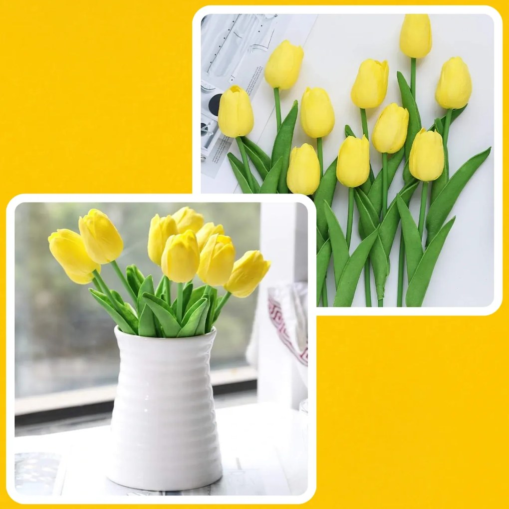 Camerazar Dekorativní kytice 10 umělých tulipánů, žlutá, materiál: silikon a plast, délka: 34 cm