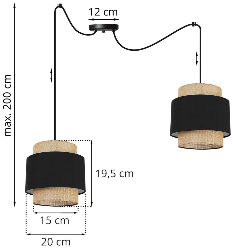 Závěsné svítidlo BOHO SPIDER, 2x jutové/černé textilní stínítko