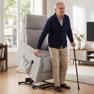 HOMCOM Elektrické křeslo s vybavením na vstávání, elektrické relaxační křeslo z chenillu se sedákovou pružinou, nastavitelná opěrka zad, světle šedá