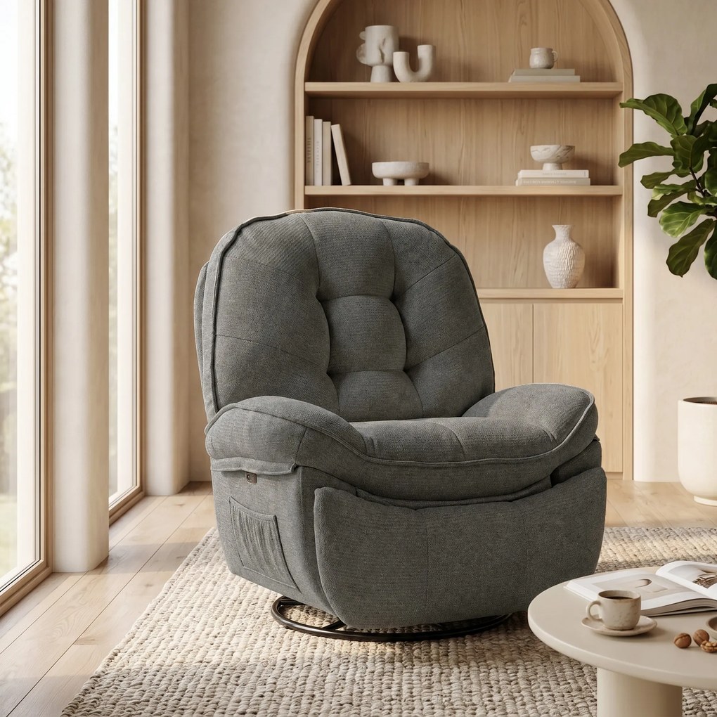 HOMCOM relaxační polohovací křeslo s otáčením 360° a houpáním, manuální chenille, široké sedadlo, vysoké opěradlo, opěrka nohou a boční kapsy, světle…