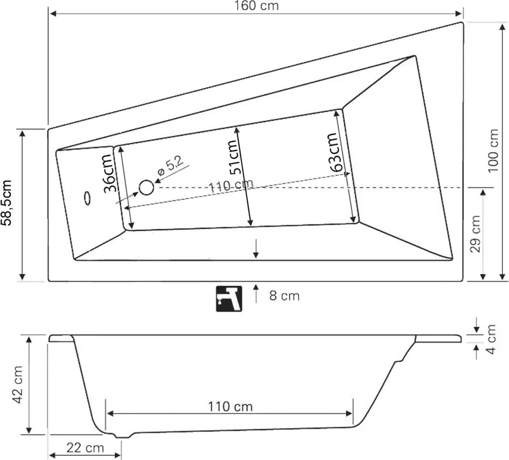 Aqualine Metuje G2610 asymetrická vana 160 x 100 cm akrylátová levá