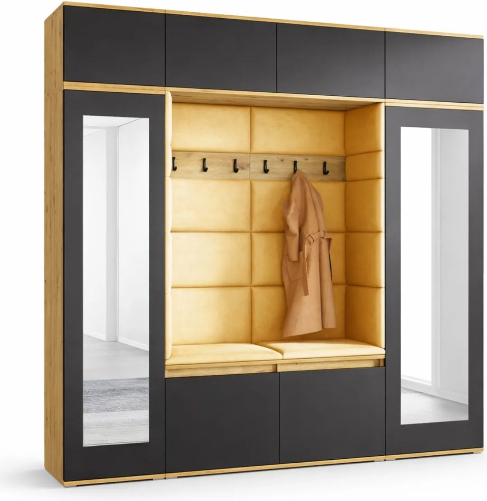Sestava nábytku do předsíně Emi 32 se zrcadly a čalouněnými panely – barva dub artisan/černá