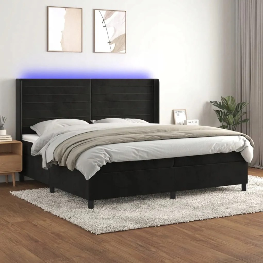 Box Spring Postel S Matrací A Led Černá Samet Černá vodorovné pruhy 200 x