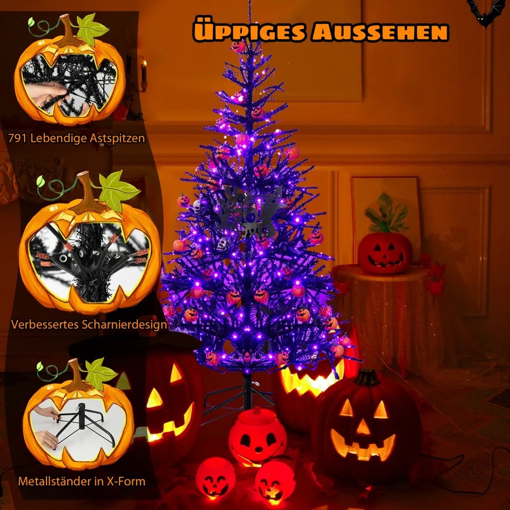 Costway 183 cm vysoký umělý sváteční strom Halloween s LED světly a dekoracemi