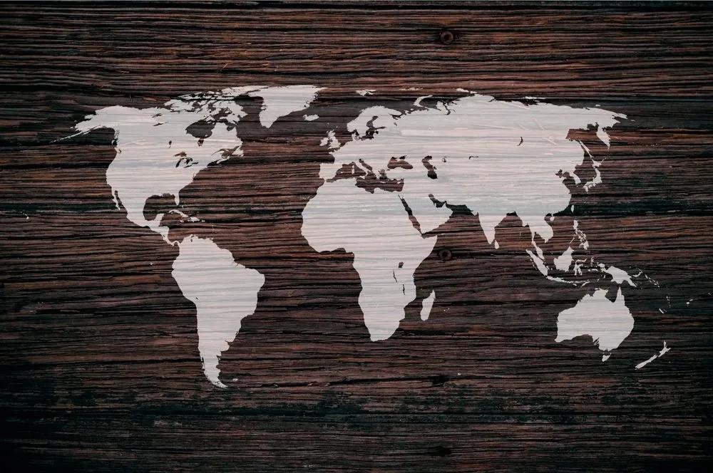 Samolepící tapeta mapa světa na dřevě - 225x150 cm