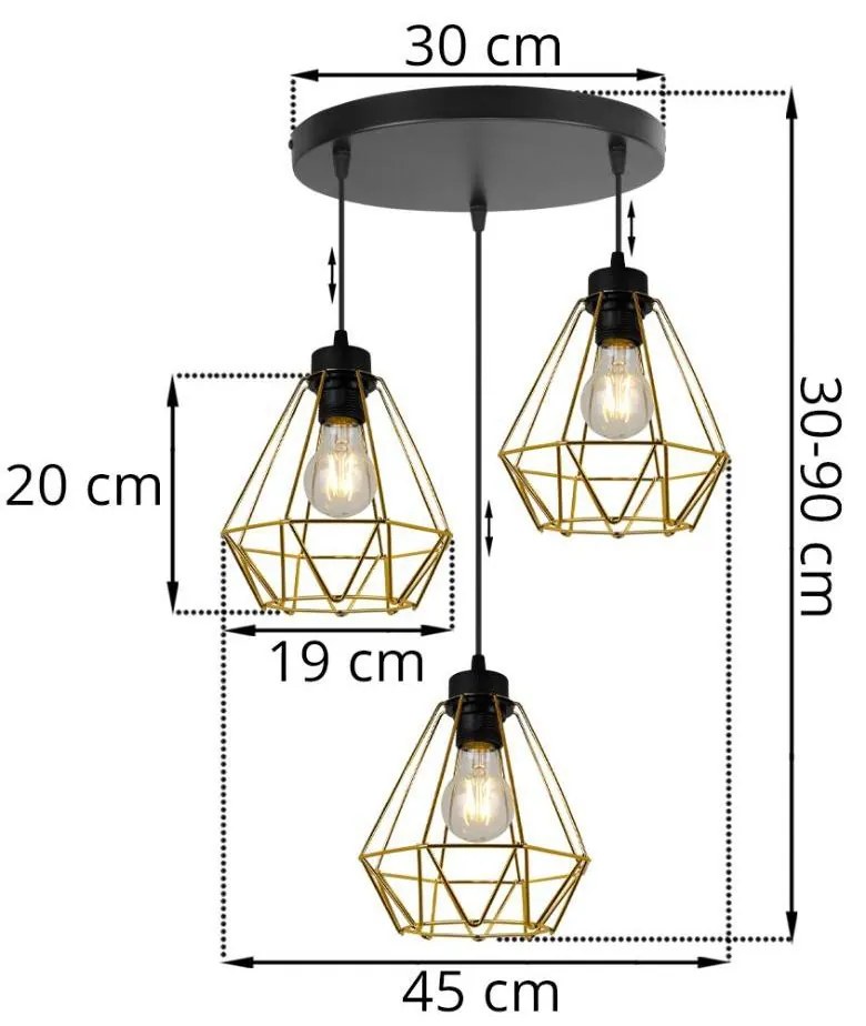 Závěsné svítidlo Fusion, 3x zlaté drátěné stínítko,