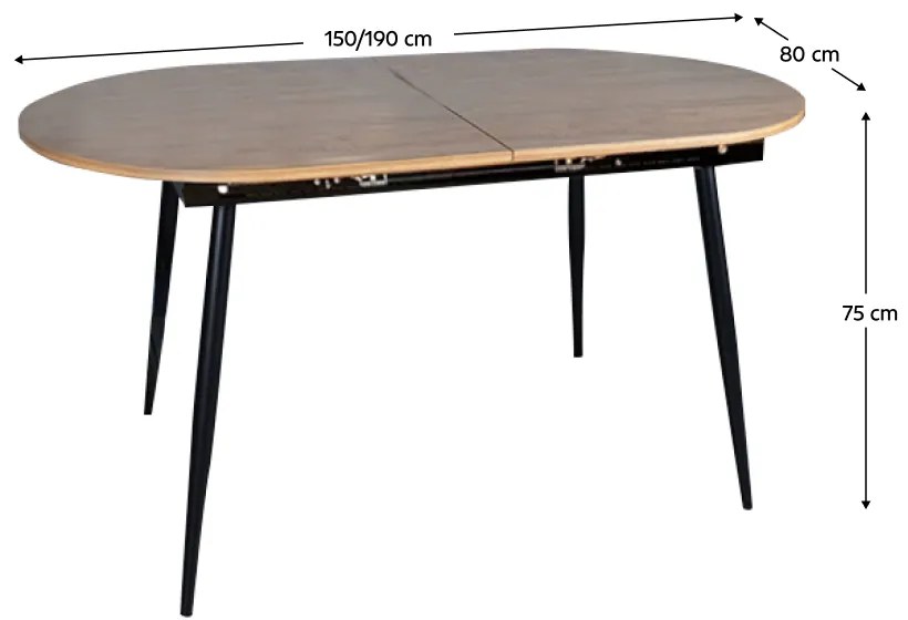 Jídelní stůl TAMERON rozkládací 150-190x80 cm, MDF lamino dub, kov černý matný lak