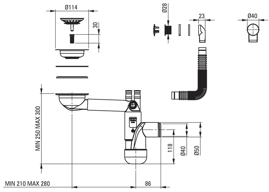 Deante Corda Flush, granitový dřez na desku 550x460x204 mm, 3,5" + prostorově úsporný sifon, 1-komorový, antracitová metalíza, ZQA_T10F