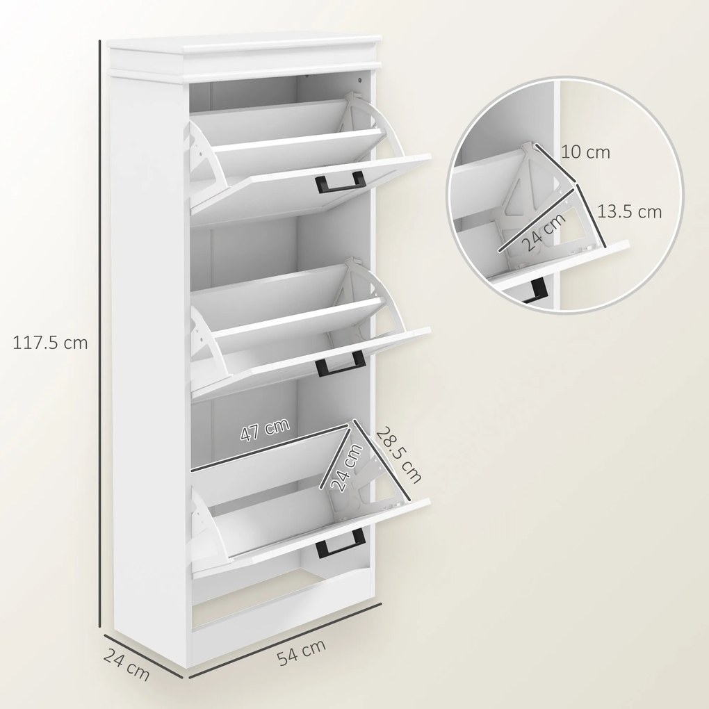 HOMCOM Úsporný botník s 3 výklopnými zásuvkami pro 15 párů bot, skříň na boty s nastavitelnou policí, 54x24x117,5 cm, bílá