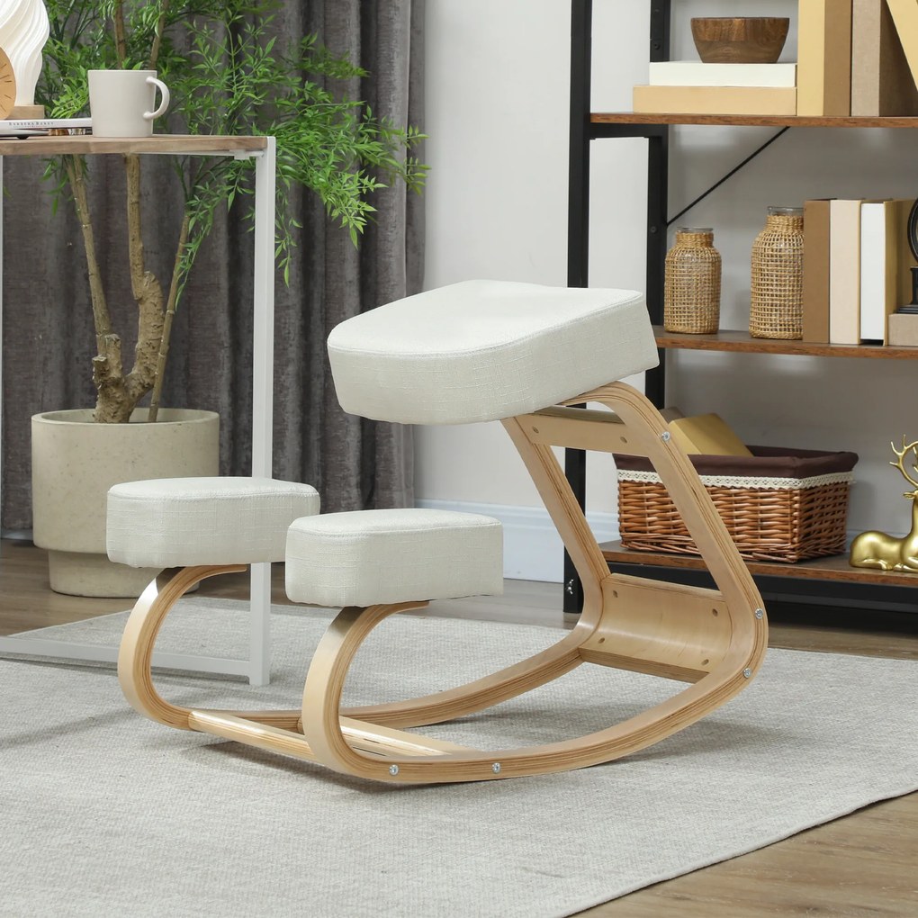 Vinsetto Kolenní židle, ergonomická posezení, polstrovaný stolek pro zdravé sezení, březové dřevo, nosnost 120 kg, krémově bílá