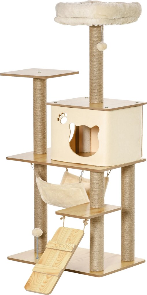 PawHut dřevěný kočičí strom s prolézačkou a kočičí jeskyní, jutové špalky, míčky na hraní, žlutý, 60x40x130cm pro aktivní kočky | Aosom.de