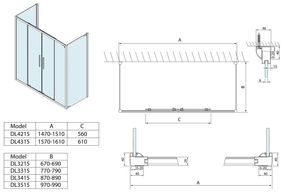 Polysan LUCIS LINE třístěnný sprchový kout 1600x900x900mm DL4315DL3415DL3415