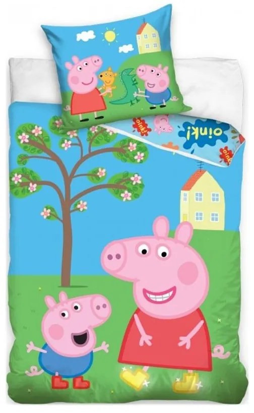 Dětské ložní povlečení Prasátko Peppa a Tom na zahradě - 100% bavlna - 70 x 90 cm + 140 x 200 cm