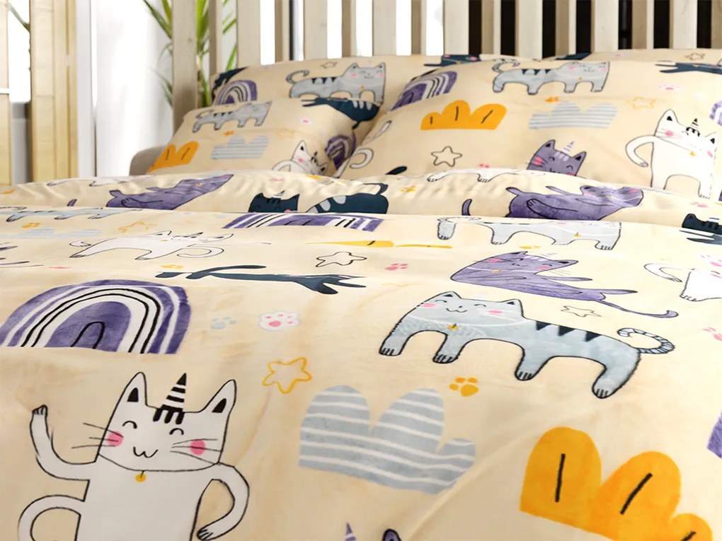 Sada 2ks mikroplyšového povlečení PURRSLEEP béžové + prostěradlo mikroplyš SOFT 180x200 cm bílé, dvoulůžko