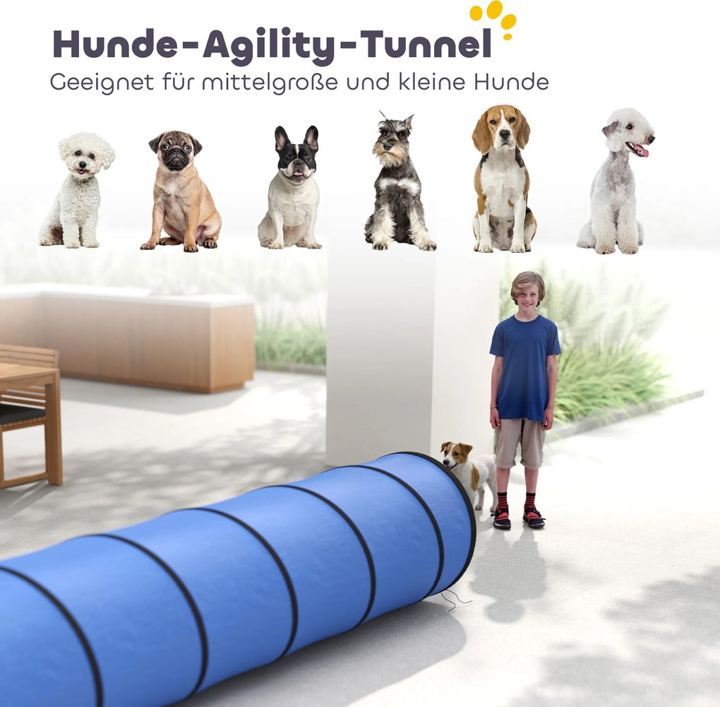 Psí agility tunel 300 x 50 cm Psí tunel se 4 kotvami do země Přenosná taška Hrací tunel pro malé středně velké psy Modrá barva