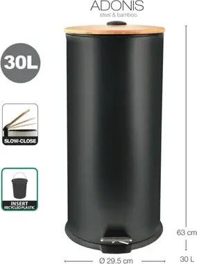 Spirella ADONIS pedálový odpadkový koš 30 L matná černá / ocel / bambu