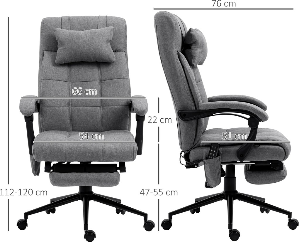 Kancelářská židle Vinsetto s masážní funkcí ergonomická výškově nastavitelná s bederním vyhříváním podnožka podhlavník polyester šedá 66x76x112-120cm…