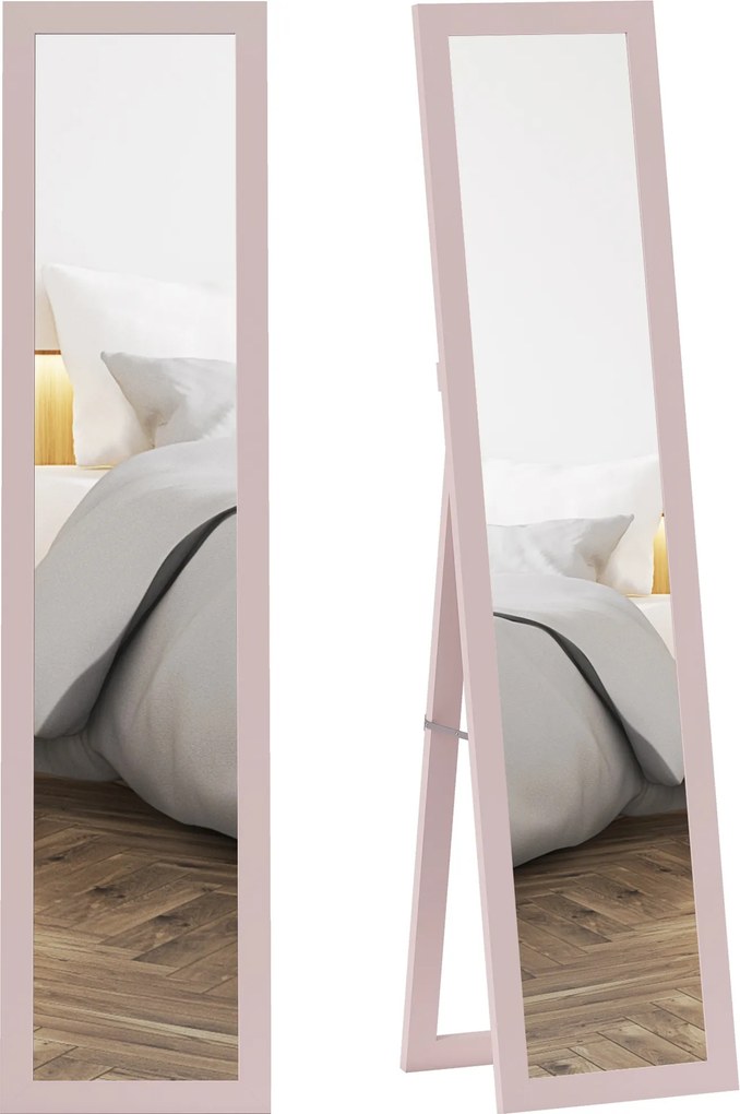 HOMCOM Plné tělo zrcadlo 157x37 cm s MDF rámem, náklonitelné stojací nebo nástěnné zrcadlo, světle perlově růžová