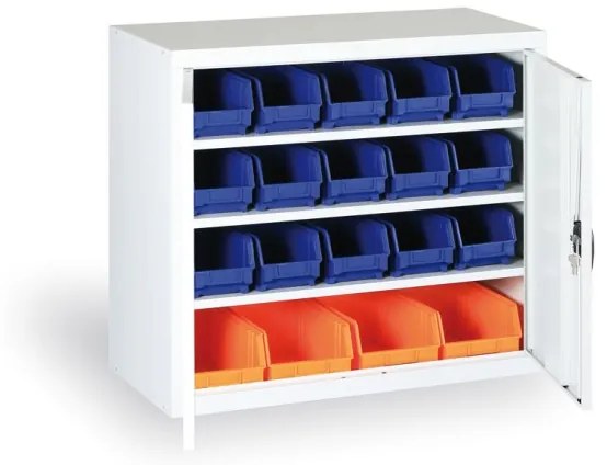 Skříň s plastovými boxy BASIC - 800 x 400 x 920 mm, 18xB/4xC, šedá/šedé dveře