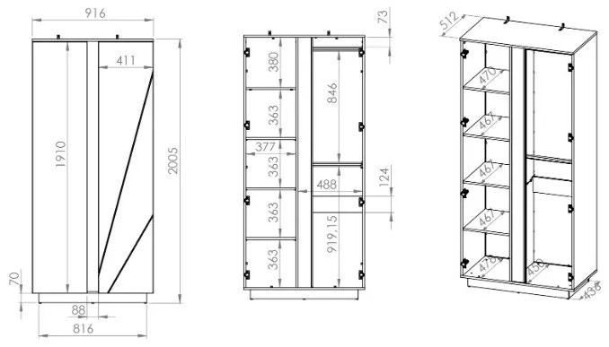 LAMIA 01 šatní skříň, beton stříbrný/bílá lesk/bílá lesk MDF