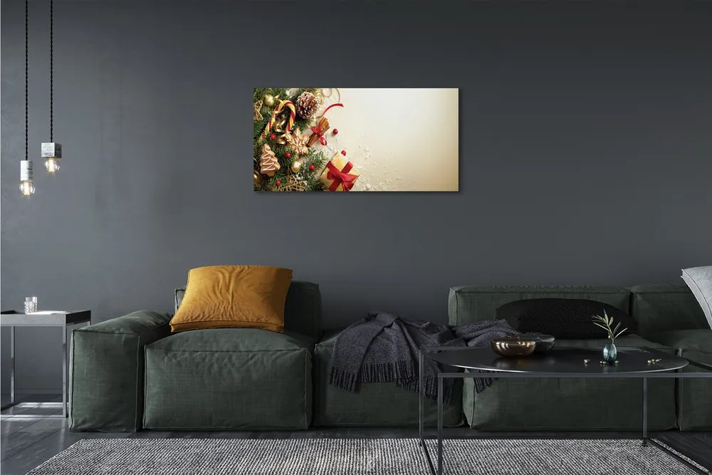 Obrazy na plátně Větvičky dárky perník kužely 125x50 cm