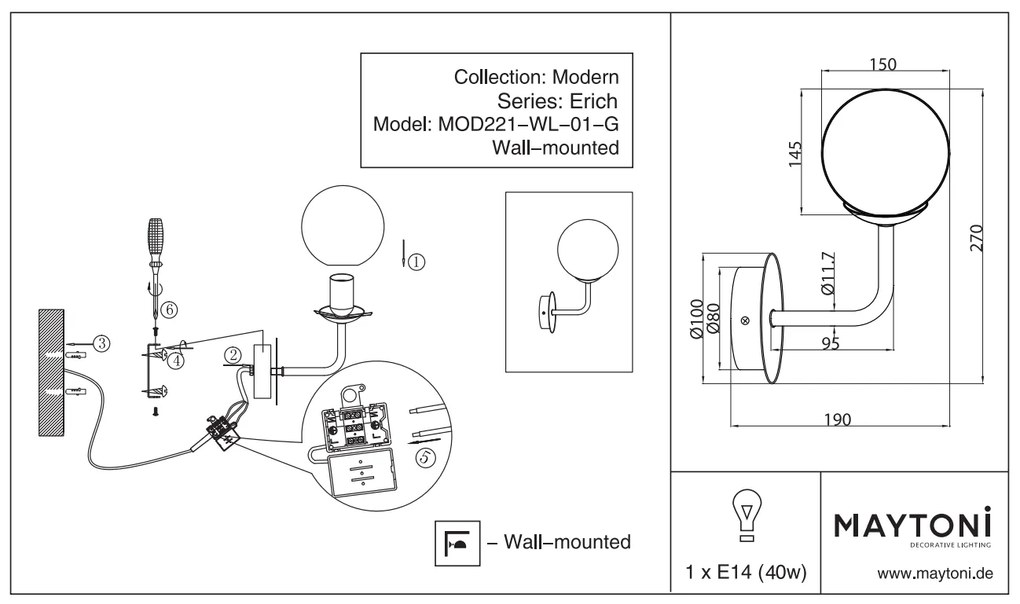 Moderní nástěnné svítidlo Maytoni ERICH MOD221-WL-01-G