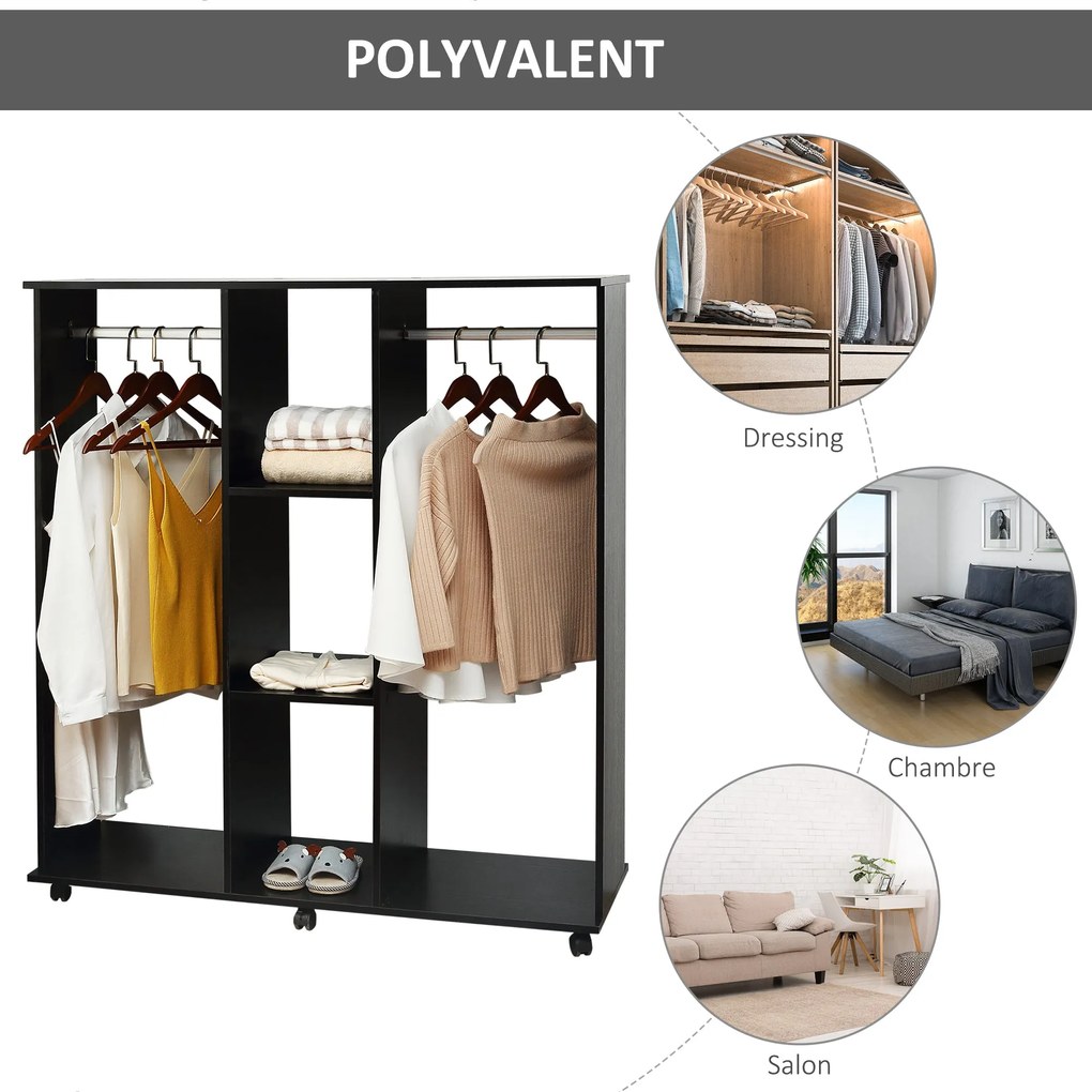 HOMCOM Mobilní úložný šatník s kolečky 6 - 120L x 40W x 128H cm - Dřevo - Černý | Aosom