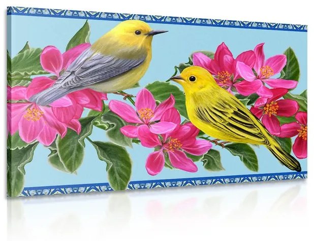 Obraz ptáčky a květiny ve vintage provedení