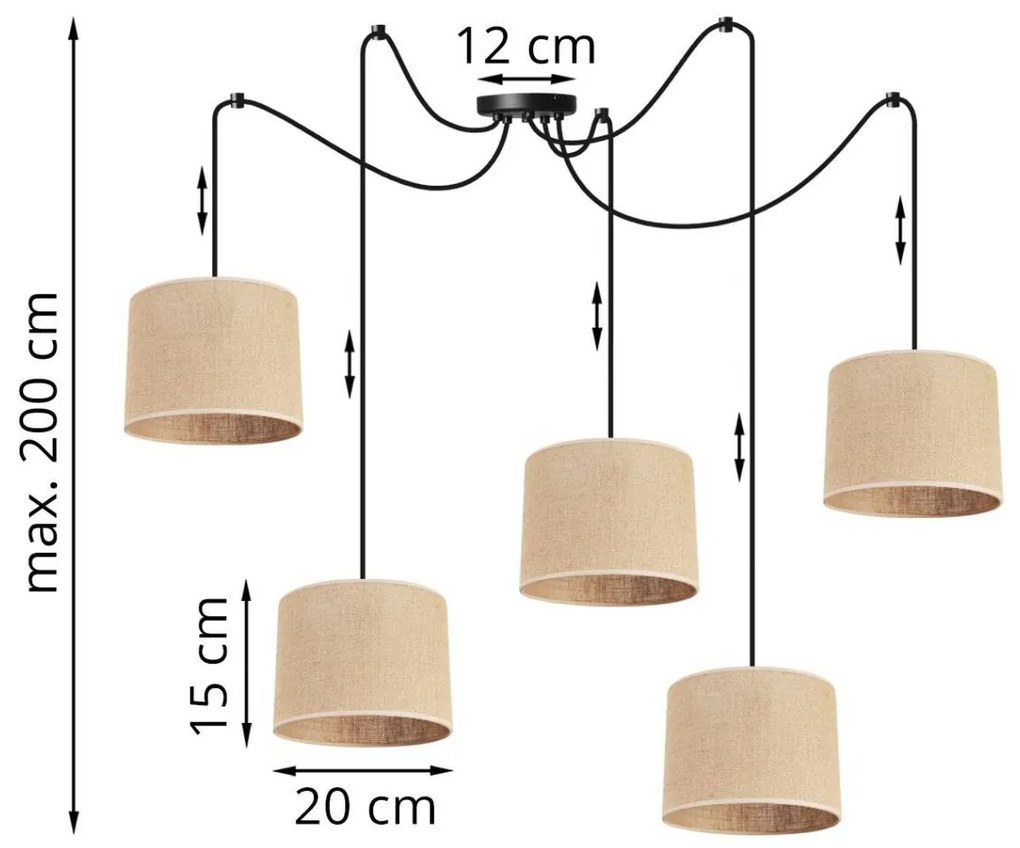 Závěsné svítidlo Juta Spider, 5x jutové textilní stínítko, (výběr ze 2 barev konstrukce), (fi 20cm)