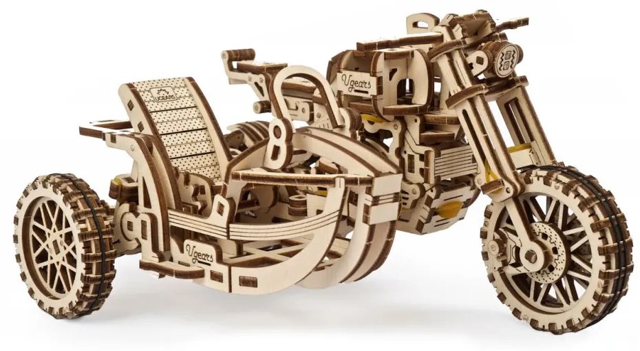 Ugears 3D dřevěné mechanické puzzle UGR-10 Motorka (scrambler) s vozíkem