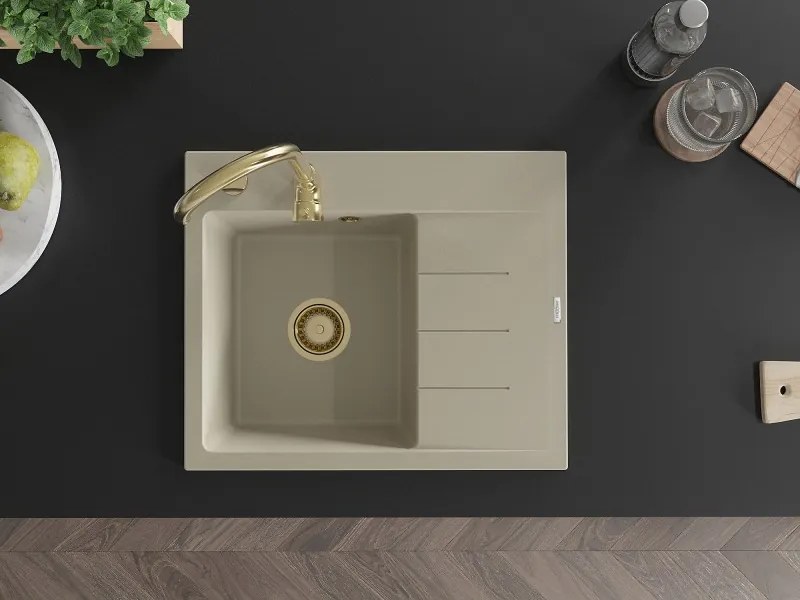 Mexen Ben, 1-komorový granitový dřez 600x500x190 mm, levý + zlatý sifon, béžová, 6522605000-69-G
