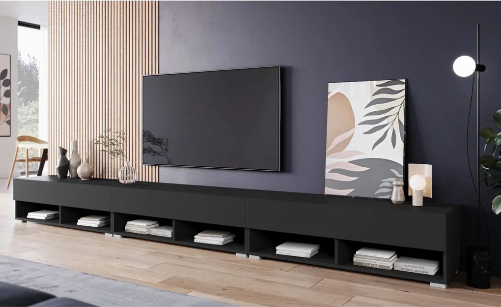 Široká TV skříňka 300 cm černá Lowboard A (LOWA300Z + LED)