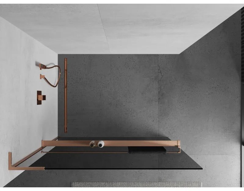 Mexen Kioto+ L, sprchová zástěna Walk-In s poličkou a věšákem 100 x 200 cm, 8mm šedé sklo, měděný matný profil, 800-100-123-65-40
