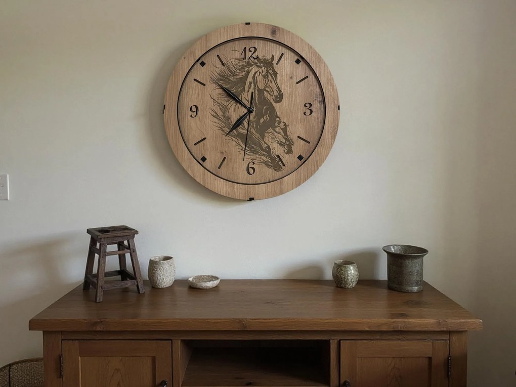 Li-Go "Kůň" Dřevěné hodiny dub světlý velikost svítidla/hodin: 50 cm