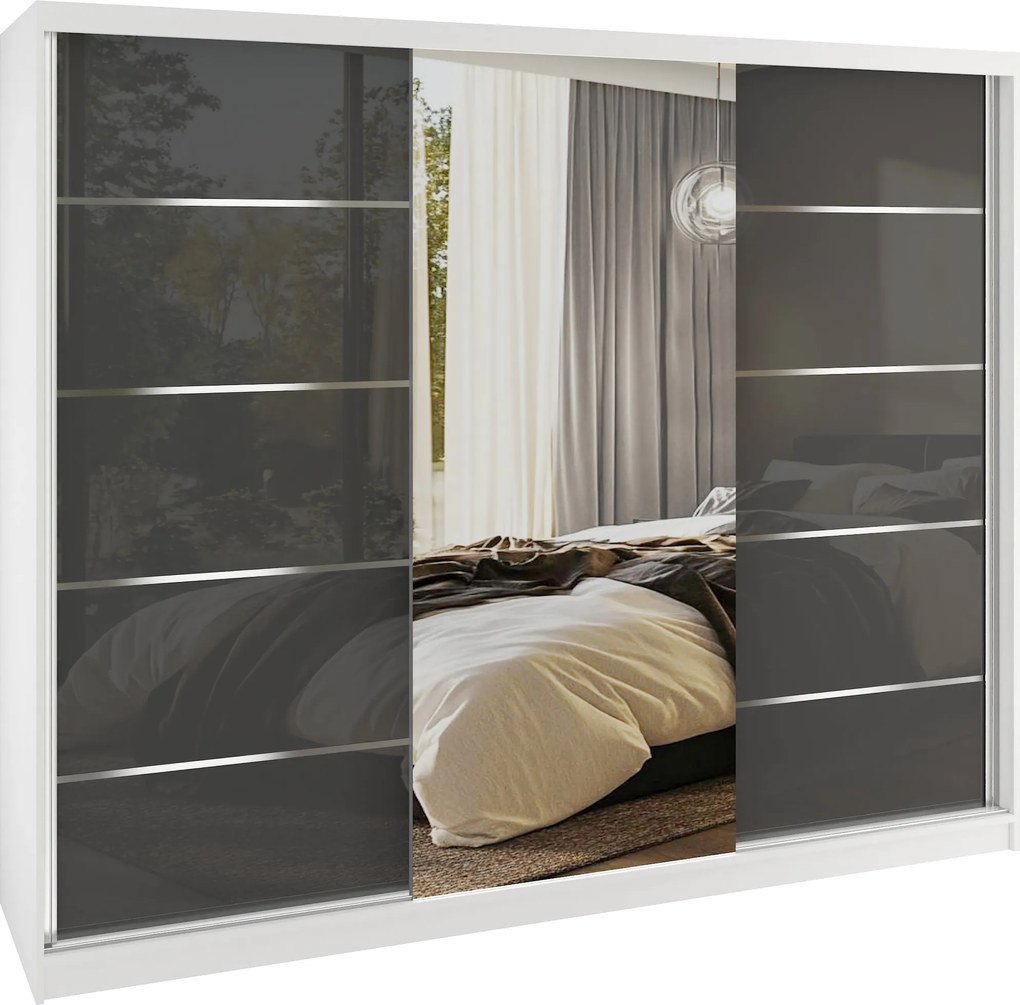 Šatní skříň SERENITY 232 cm Belini bílý mat / šedý lesk s posuvnými dveřmi a zrcadlem  MGB SERENITY SZP8/0/W/S/0/HIAL