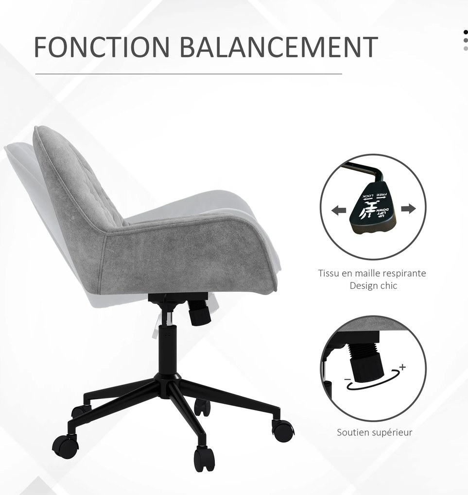 Vinsetto Kancelářská židle, Kancelářská židle s sametovým povrchem, 360° otočné sedadlo, Výškově nastavitelné, Ergonomická židle s kulatým opěradlem,